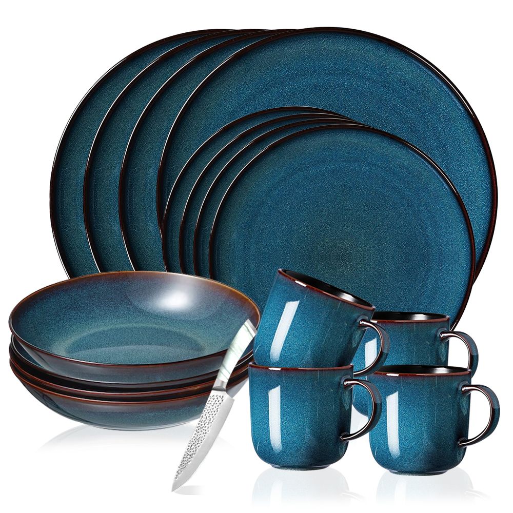 Set of 17 - Ocean Blue Modern and Stylish Reactive Glaze Dinnerware Set ...