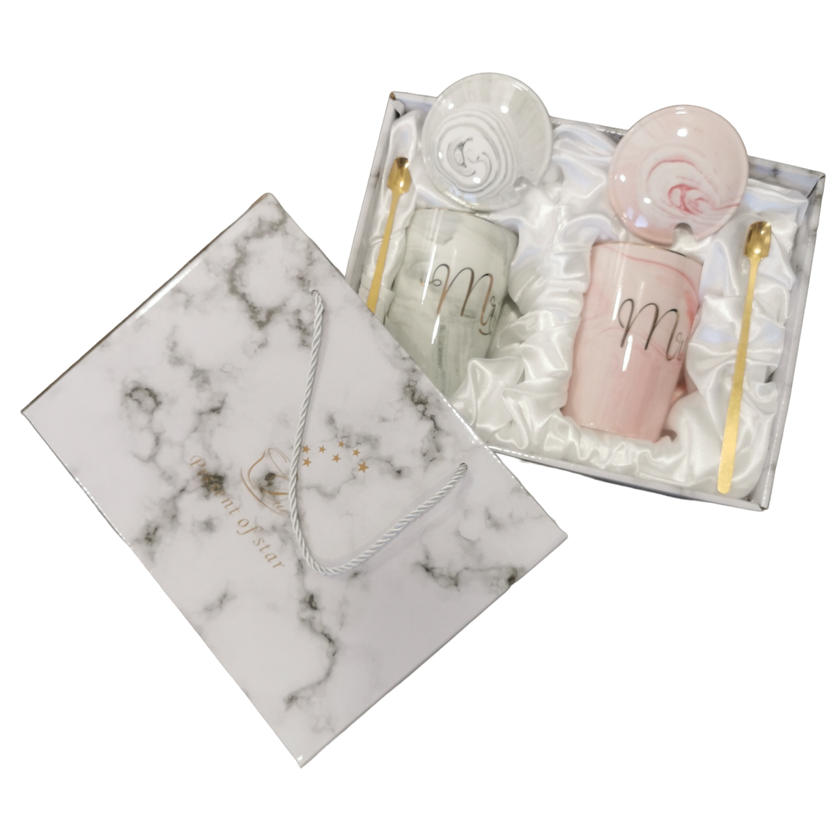 Couple Marble Mugs with Lid and Tea Spoon Gift Set - Tall Pink & Grey ...
