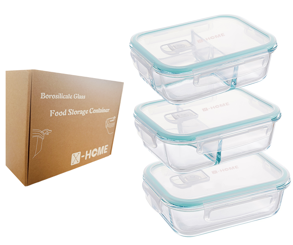 X-HOME 1520ml Large Glass Food Storage Containers-Split Compartments-3 ...