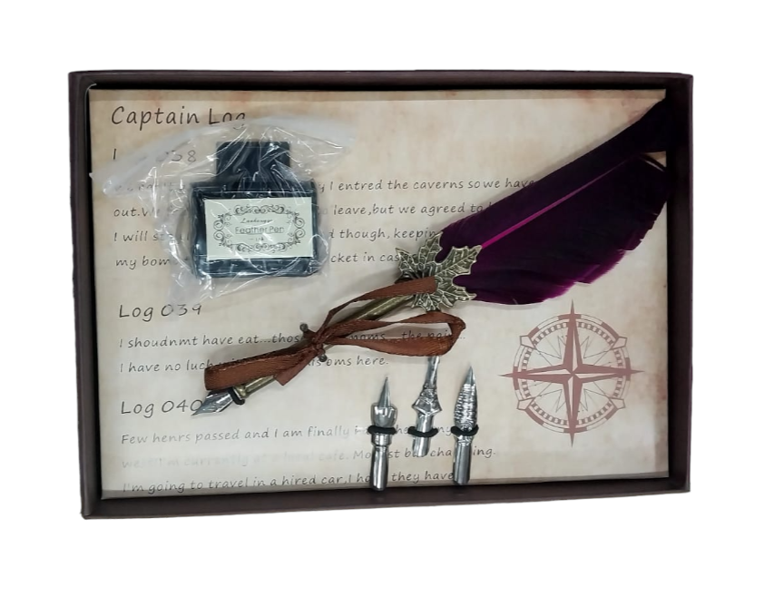 Antique Feather Pen and Ink Set Calligraphy Maple Leaf Copper Finish ...