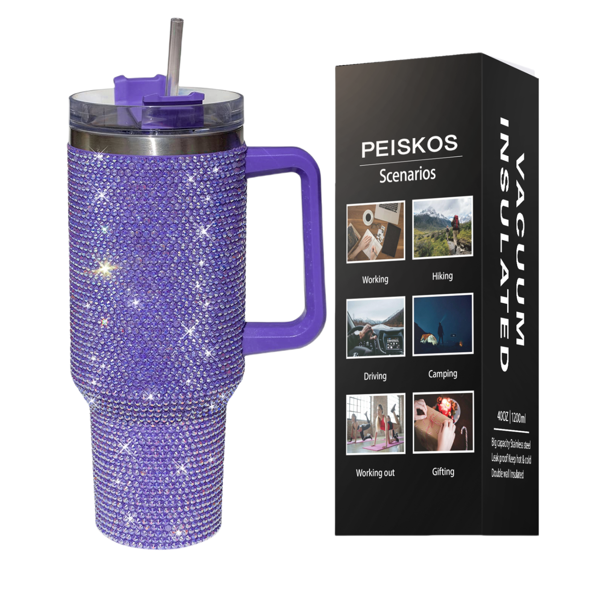 PEISKOS 1.2L Rhinestone Studded Shiny Diamond Flask with Handle Straw ...