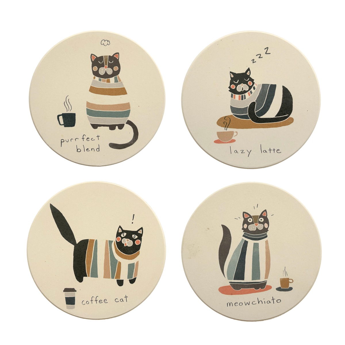 Designer Ceramic Coasters with Holder - Cute Cat Collection - Set of 4 ...
