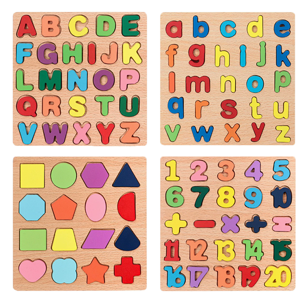 4 Piece Kids Wooden Puzzle Set - Alphabet Number Shape Learning Boards ...