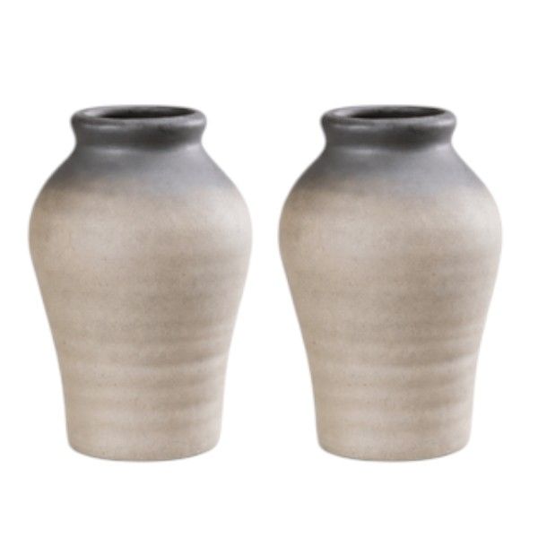 2 Pack - Ceramic Matte Vase With Wide Mouth Opening - Grey & Beige ...