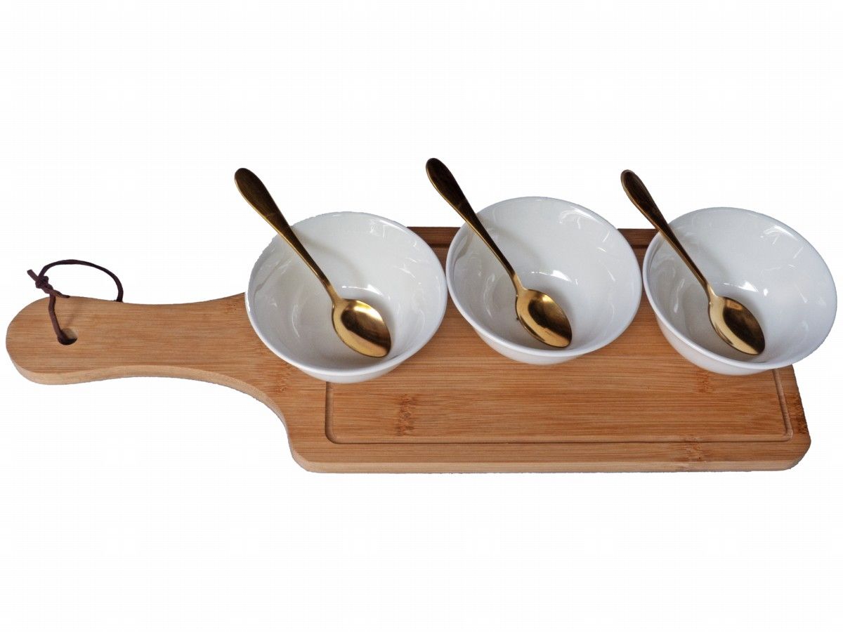 Bamboo Tapas Board With 3 White Small Round Bowls And 3 Spoons | Shop ...