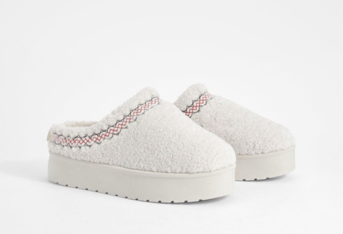 boohoo - Womens Borg Embroidered Platform Cosy Mules - Cream | Shop ...