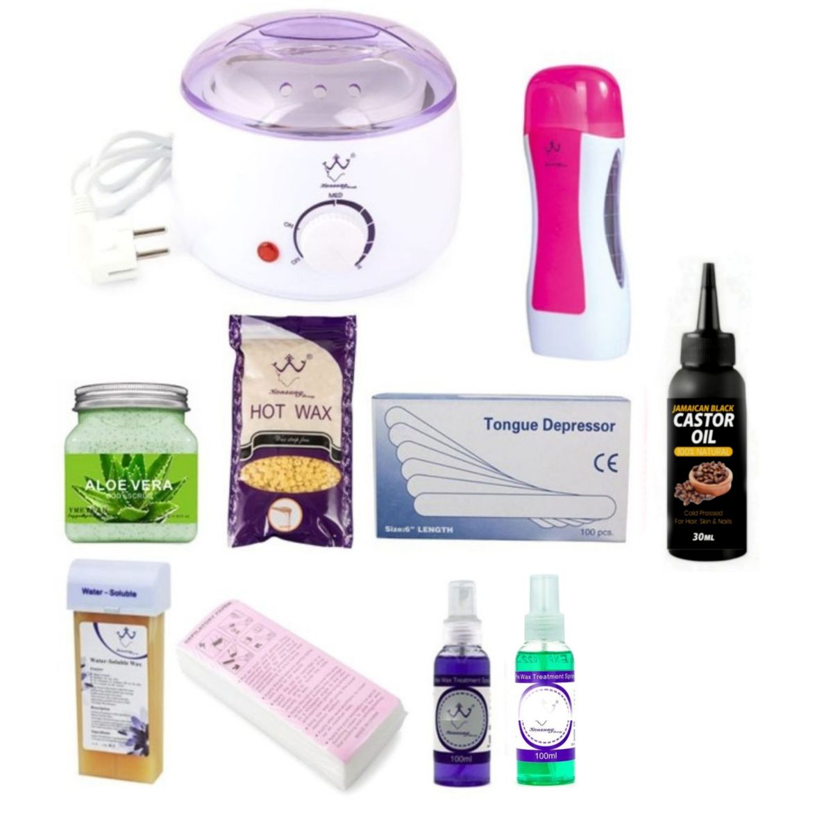 Professional Hot & Strip Waxing Kit - 9 Pieces & Jamaican Black Castor ...