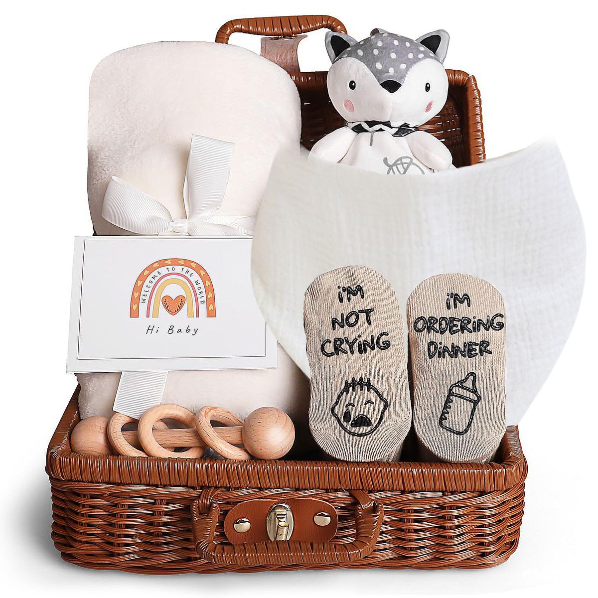 Baby Gift Hamper-Blanket Newborn Socks Wooden Rattle & Greeting Card ...