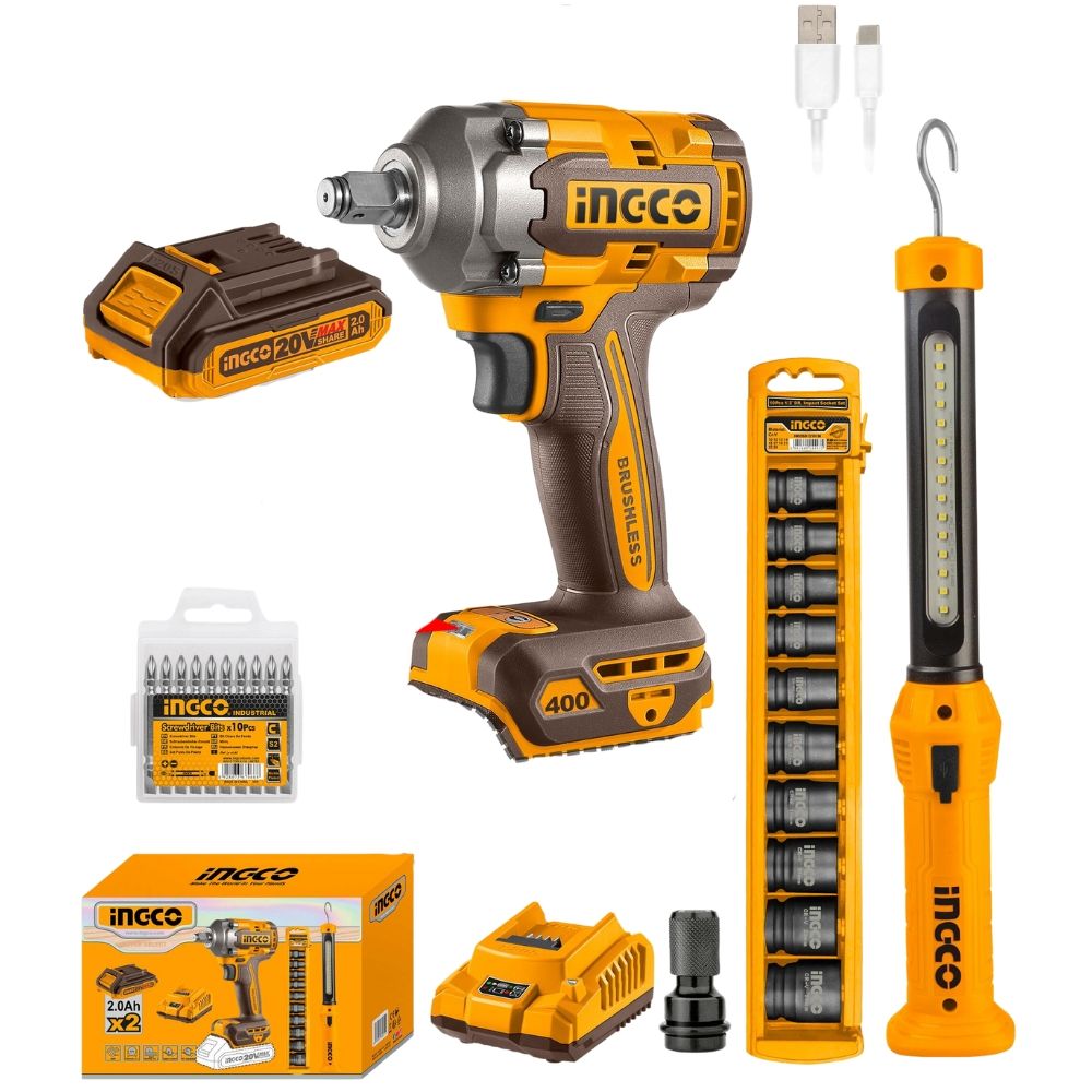 Ingco - Impact Wrench 400Nm with Work Lamp 2 x 2Ah Battery and Charger ...