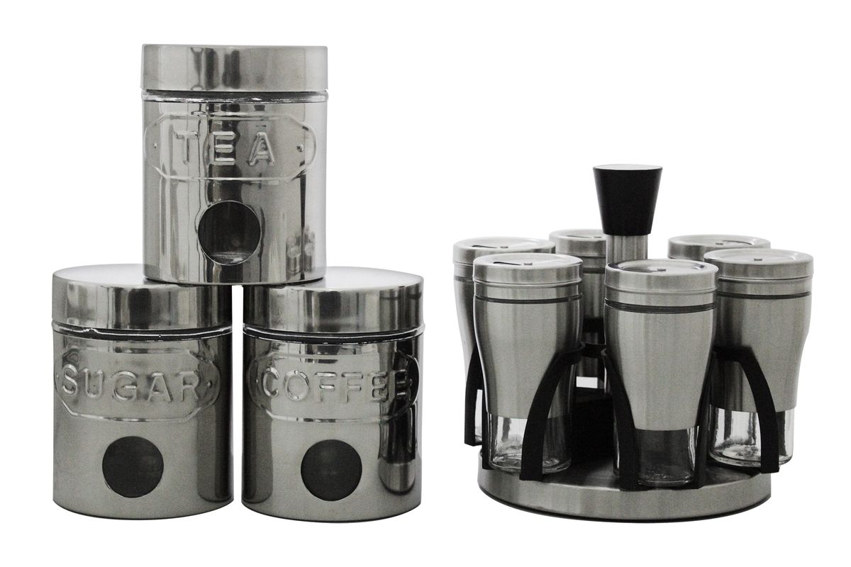 10 Piece Stainless Steel Glass Food Canisters & Rotating Spice Jar Set ...