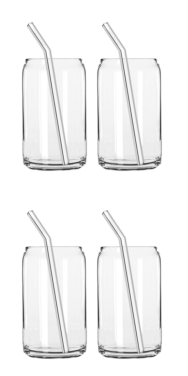 Clear Glass Drinking Can Shape Bottle with Glass Straw - 4 Pack 550ML ...
