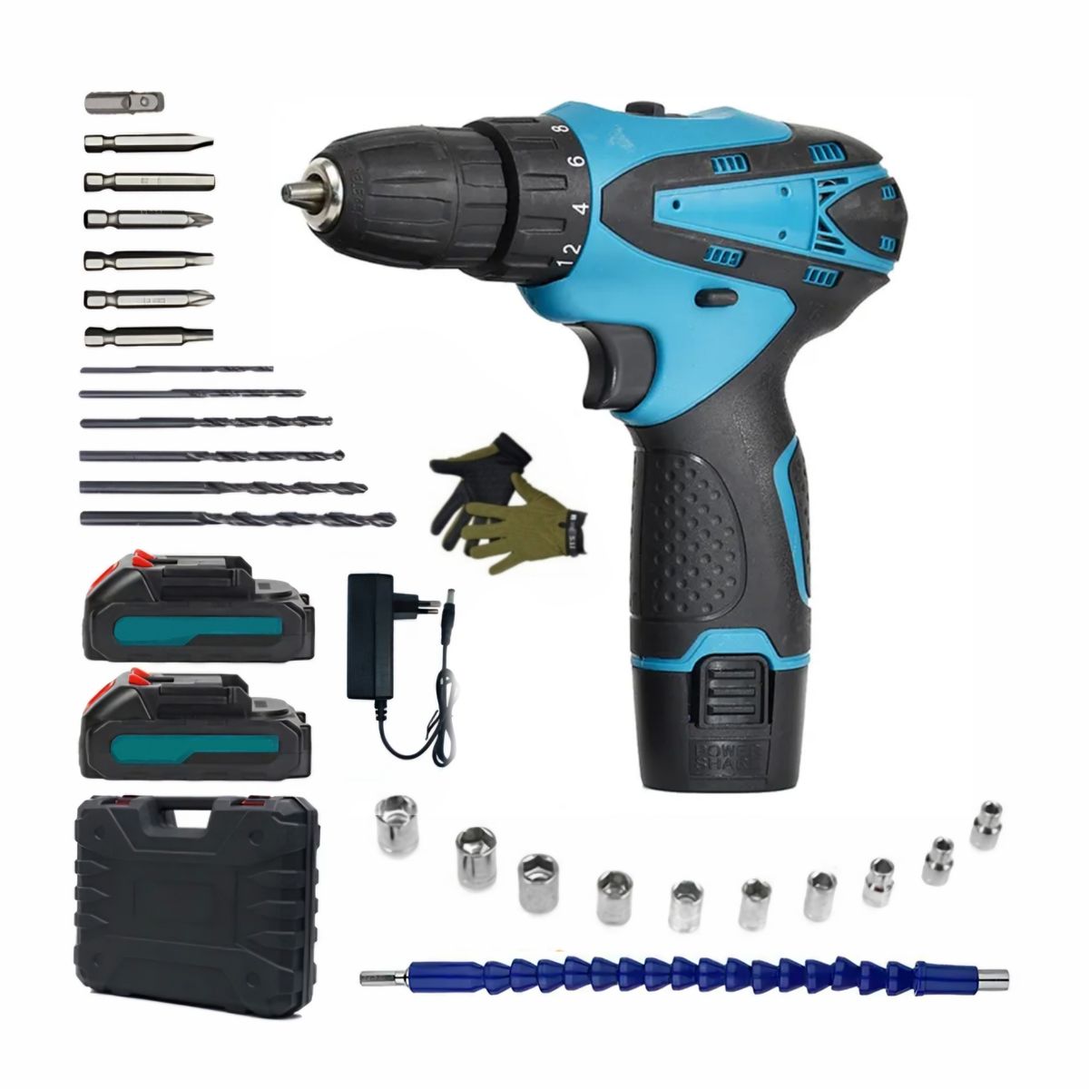 12V Cordless Hand Drill Set With Batteries, Carry Case & Work Gloves ...