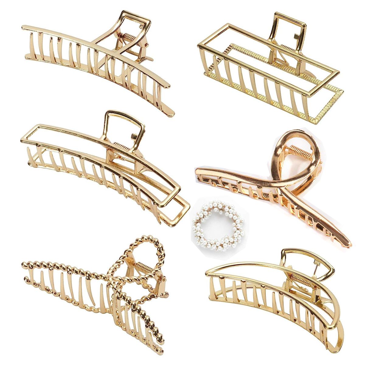 Large Metal Hair Claw Clips & Pearl Stretch Band For Women Girls-Gold ...