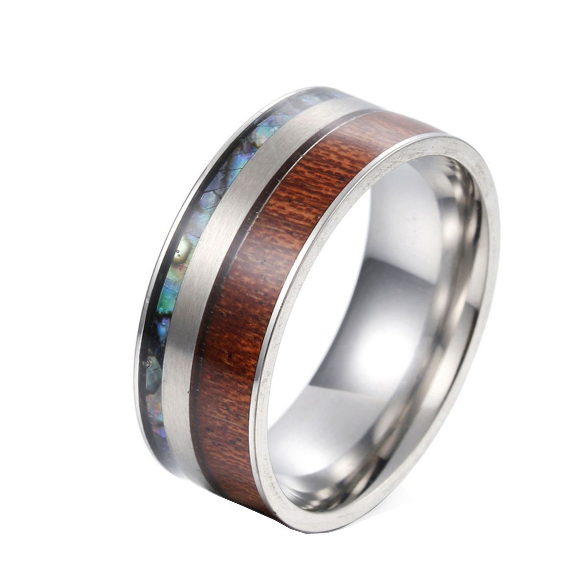 Men's Nature Koa Wood Inlay Ring 8mm Domed Stainless Steel Pacific ...