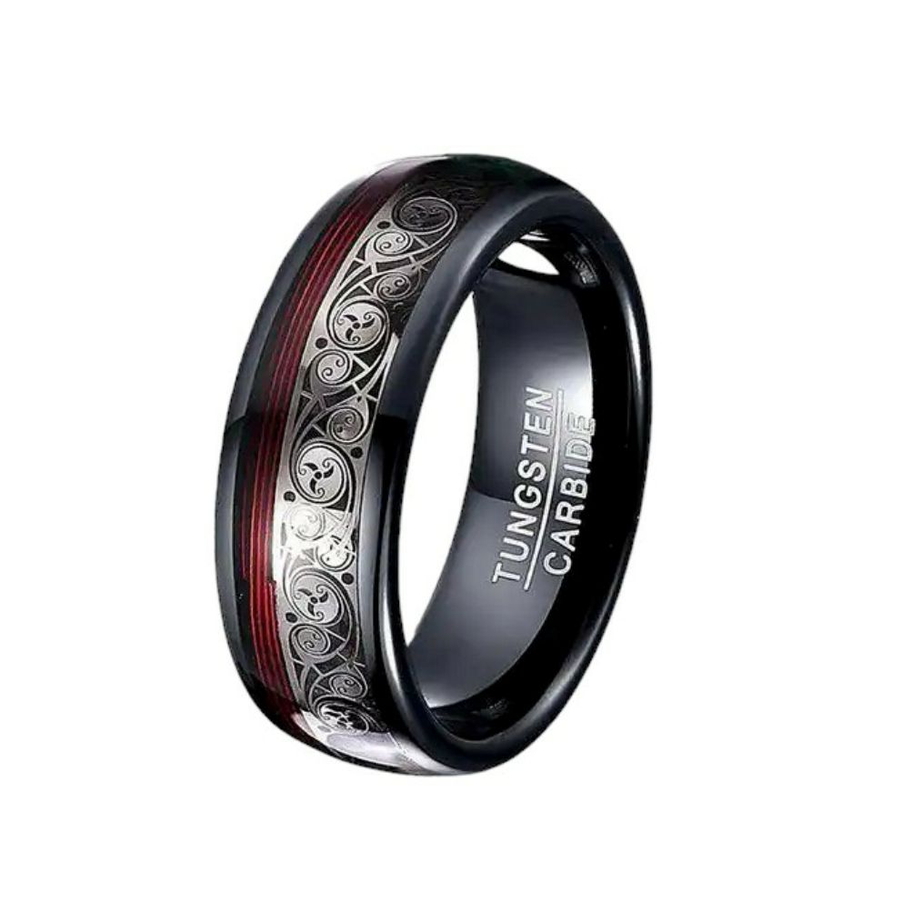 Red Guitar String and Celtic Swirl Black Tungsten Band Ring | Shop ...