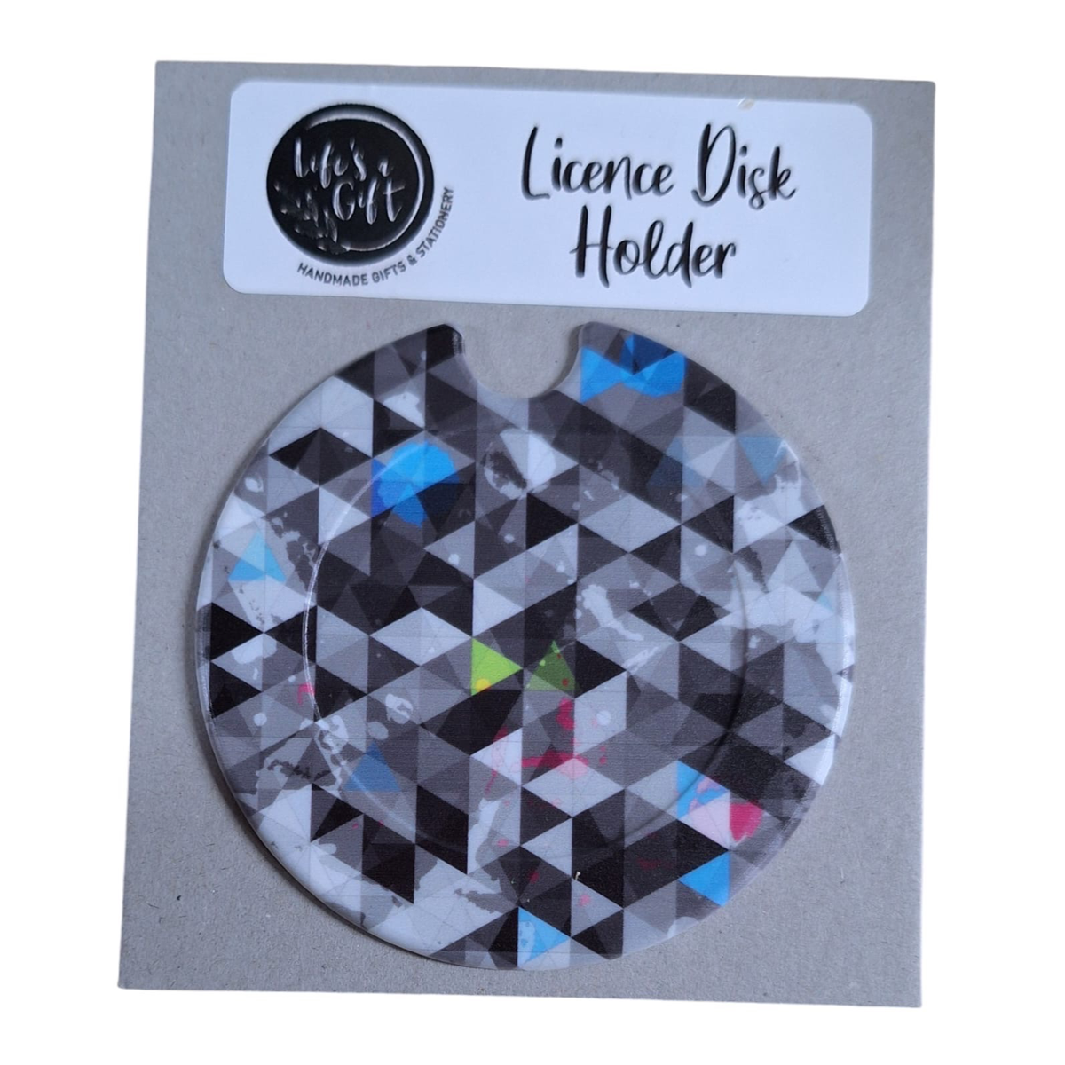 Licence Disk Holder-Black & Grey Abstract Triangles with Blue, Green ...