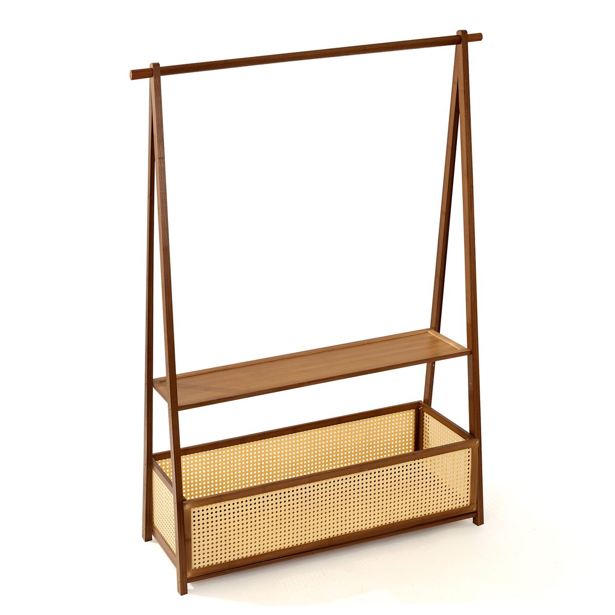 Bamboo Clothing Rack with Rattan Storage Basket with Wheels-100cm ...
