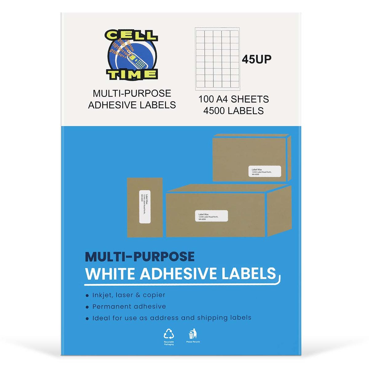 CellTime 45 UP A4 Self Adhesive Labels - 100 Sheets (39.2mm x 29.88mm ...