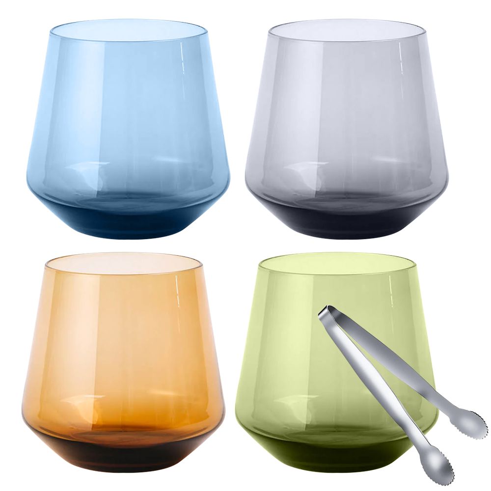 Unique Italian Style Colored Stemless Glassware including Ice Tongs ...