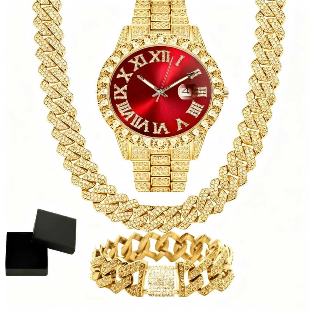 Luxurious Stylish Mens Watch And Iced Out Chain - Bracelet Set RED GOLD ...