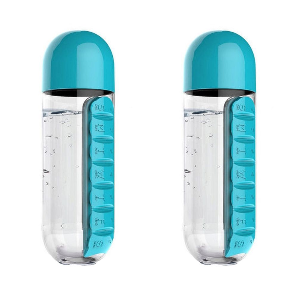 Set Of 2 Multipurpose 600ml Water Bottles With Medicine Pill Box - Blue ...