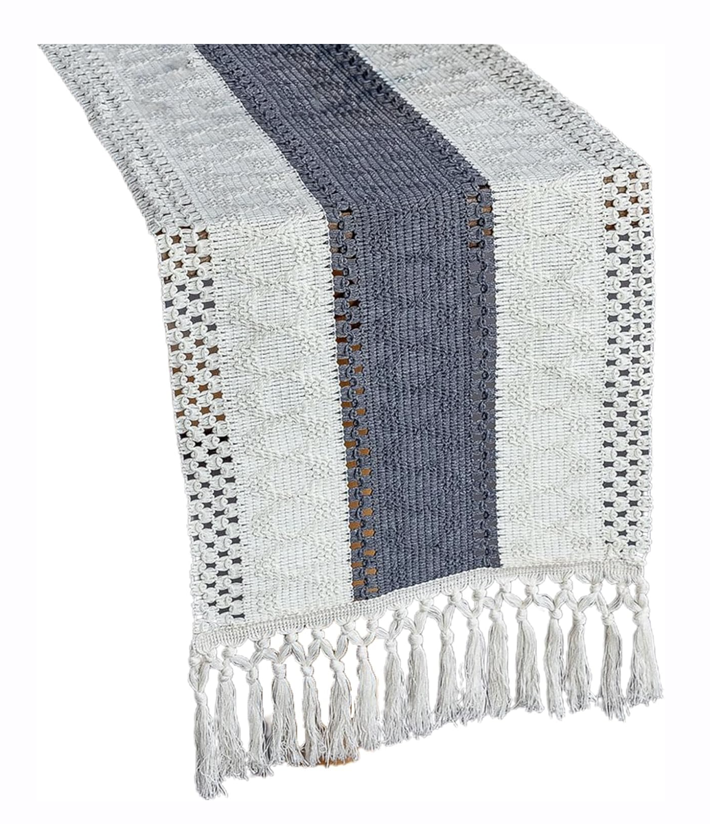 Decor Cotton and Natural Burlap Splicing Table Runner with Tassels ...