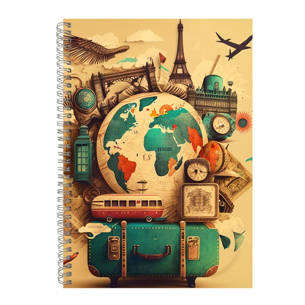 World A4 Notebook Spiral and Lined Vintage Travel Graphic Notepad Gift ...