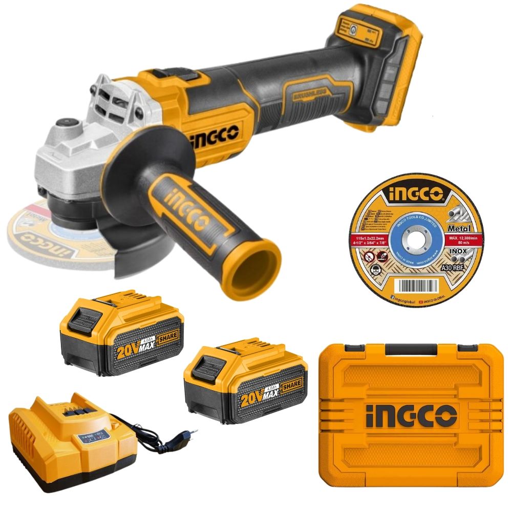 INGCO - Cordless Angle Grinder 20V - 115mm with Li-ion 4.0Ah Battery ...