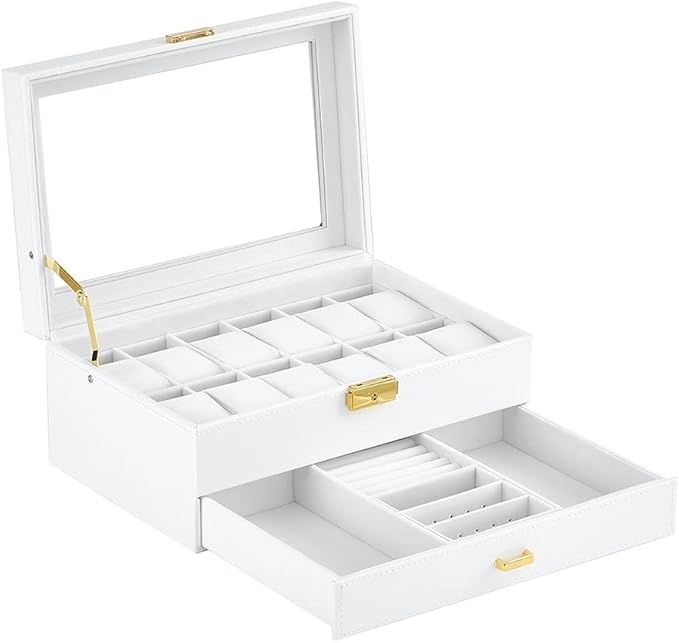 White PU Leather Watch Box with 12 Compartments and Drawer | Shop Today ...