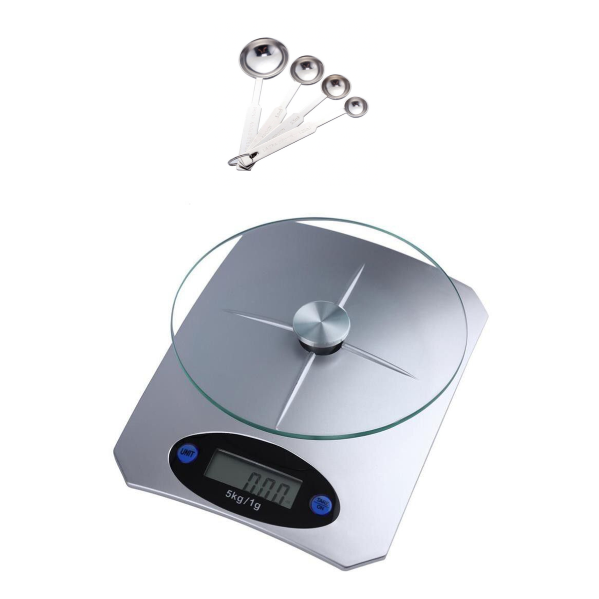 5kg Stainless Steel Kitchen Scale and Glass Top plus 4 Piece Measuring ...