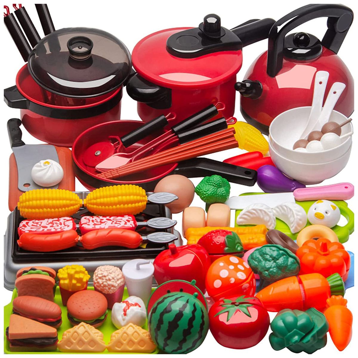 64 Piece Pretend Play Kitchen Velcro Fruit Food Cutting Set Toys Pot