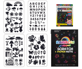 6pc Art & Crafts Rainbow Scratch Pads & Stencil Pack kids School ...