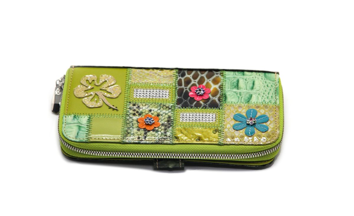 Female Designer Green Wallet with Handstitched Florals | Shop Today ...