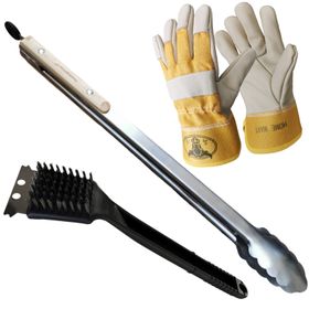 Braai Tong 45cm + Braai Brush 30cm + Heat Resistant Cowhide Braai Glove ...