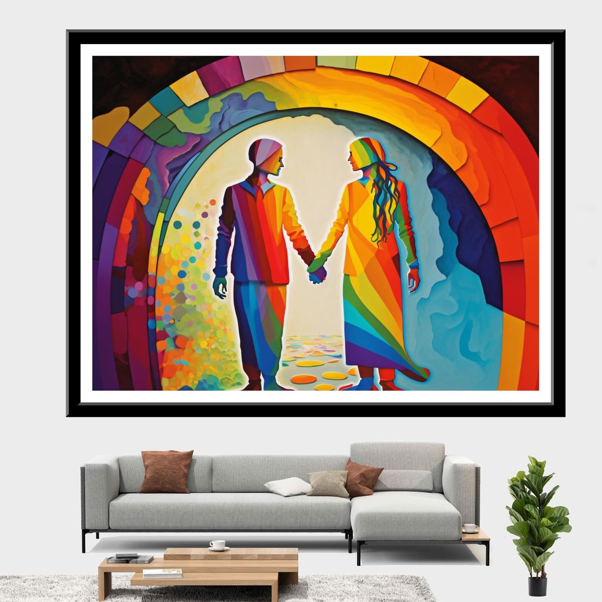 Wall Art Unframed - Rainbow Connection A Painting Of Two Figures Hol ...