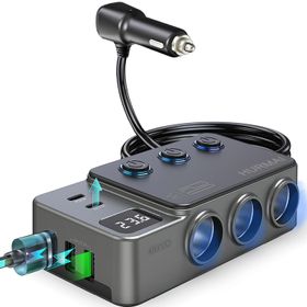 120W Car Charger Splitter with PD Fast Charge, 3 Sockets & 5 USB Ports ...