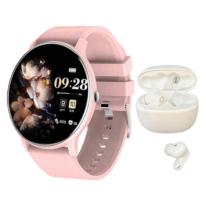 Smartwatch & Bluetooth Earbuds Set - Pink Silicone Gift Combo for Women ...