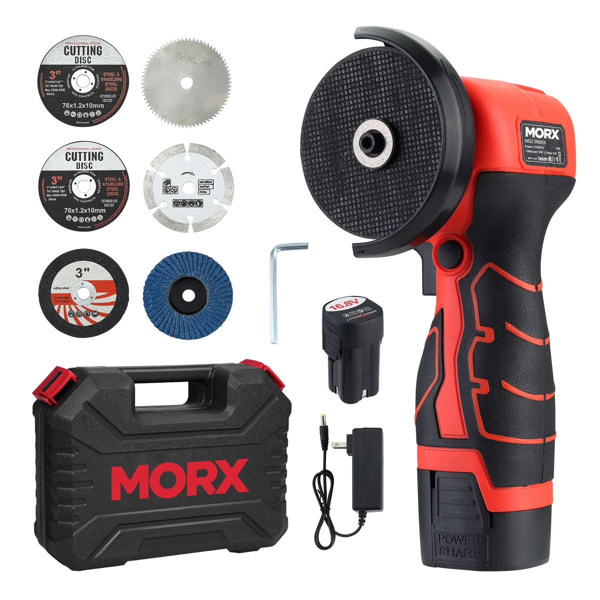 MORX 19,500 RPM Cordless Angle Grinder 76mm with 2 x 2Ah 16.8V ...