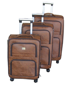 Brown PU Leather 3-Piece Luggage Set with Spinner Wheels and Built-in ...