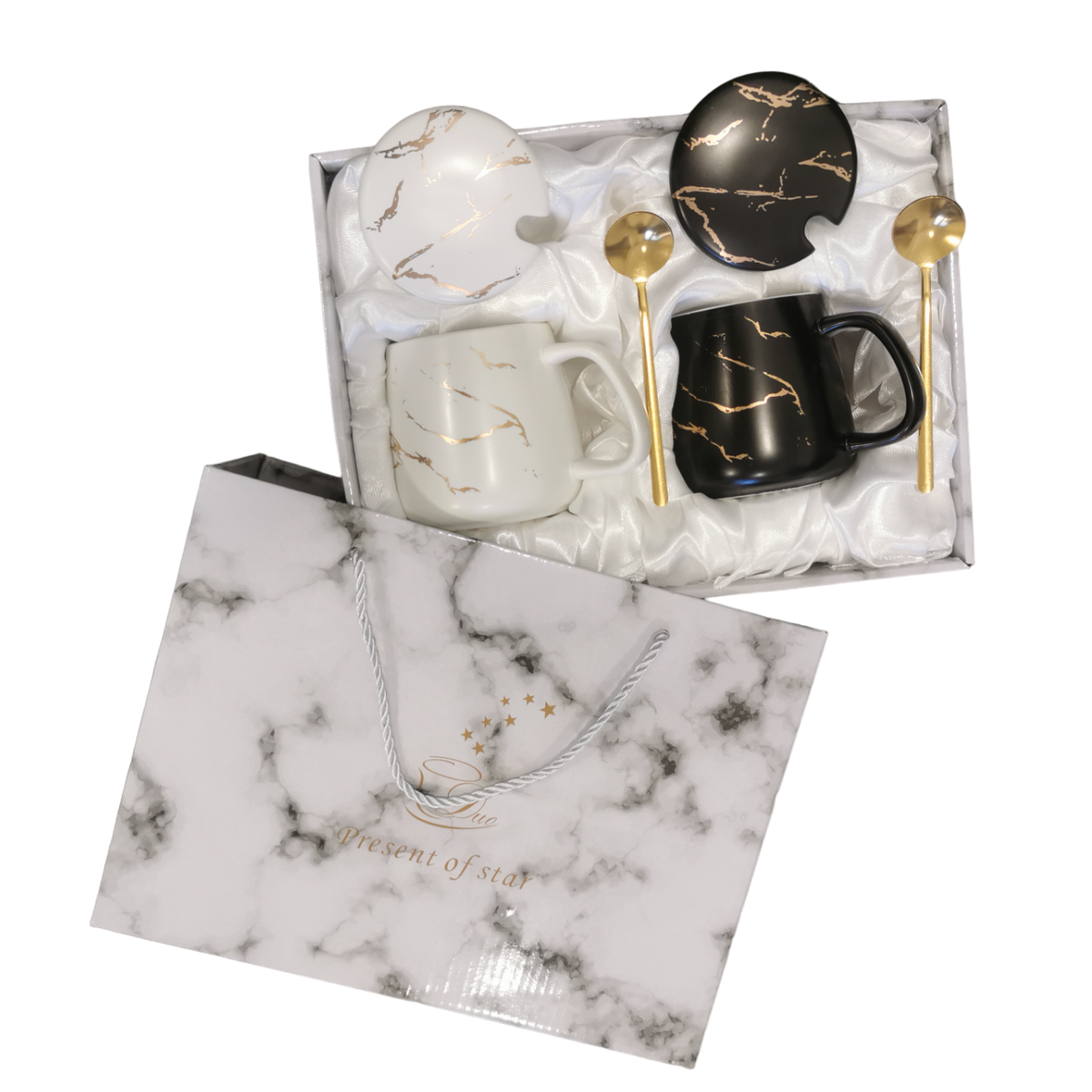 Couple Marble Mugs with Lid and Tea Spoon Gift Set - Round Black ...