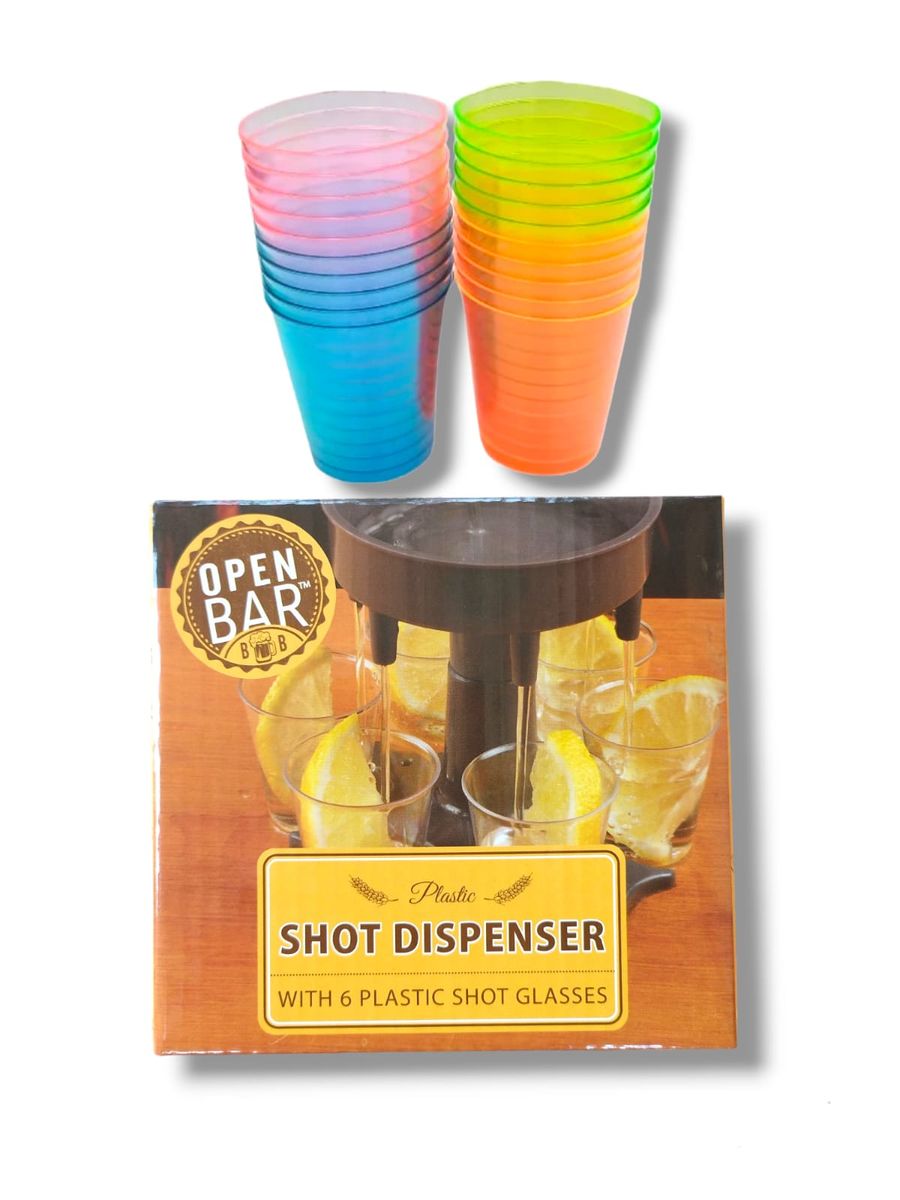 Open Bar Shot Dispenser with extra Plastic Colourful Shot Glasses Set ...