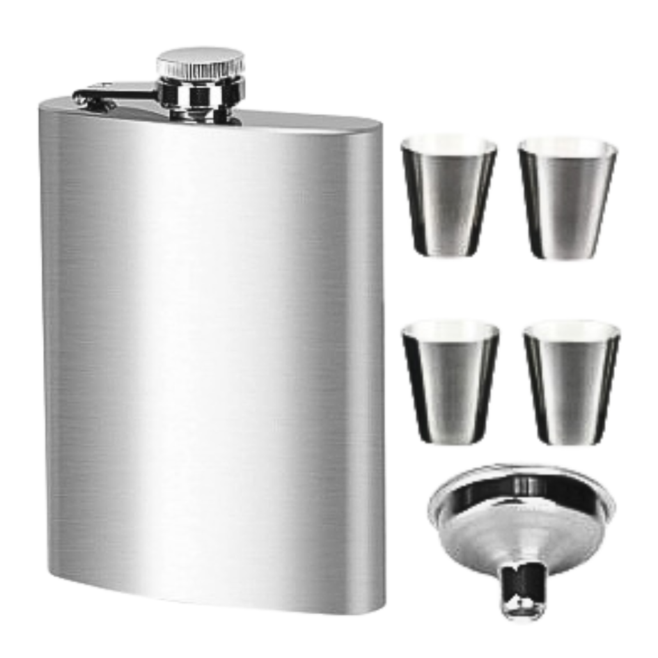 Bestby - Stainless Steel Silver Hip Flask with 4 Shot Cups and Lid ...