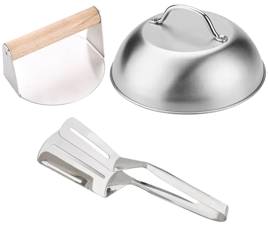 3-Piece Smash Burger Kit - Melting Lid, Burger Press, Spatula Tongs ...