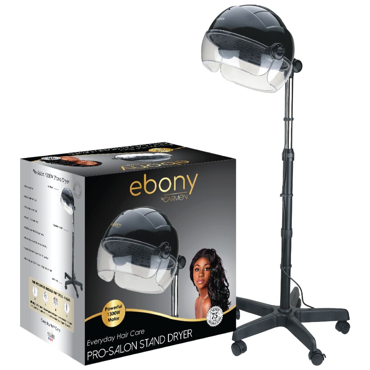 Carmen Ebony Salon Stand Hair Dryer 1300W - Adjustable Height, Black ...