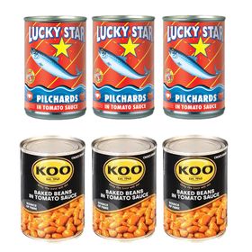 3x400g Lucky Star Pilchard in Tomato Sauce and 3x410g Koo Baked Beans ...