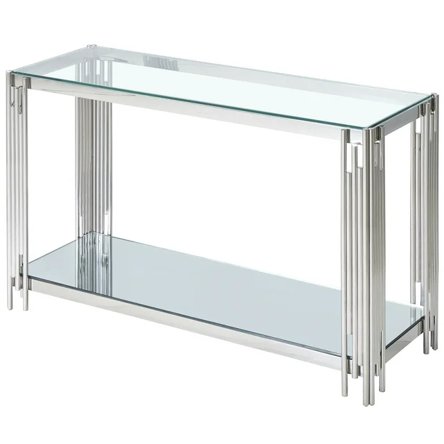 Homefront Silver Console Table - Rectangular Clear Tempered Glass Top ...