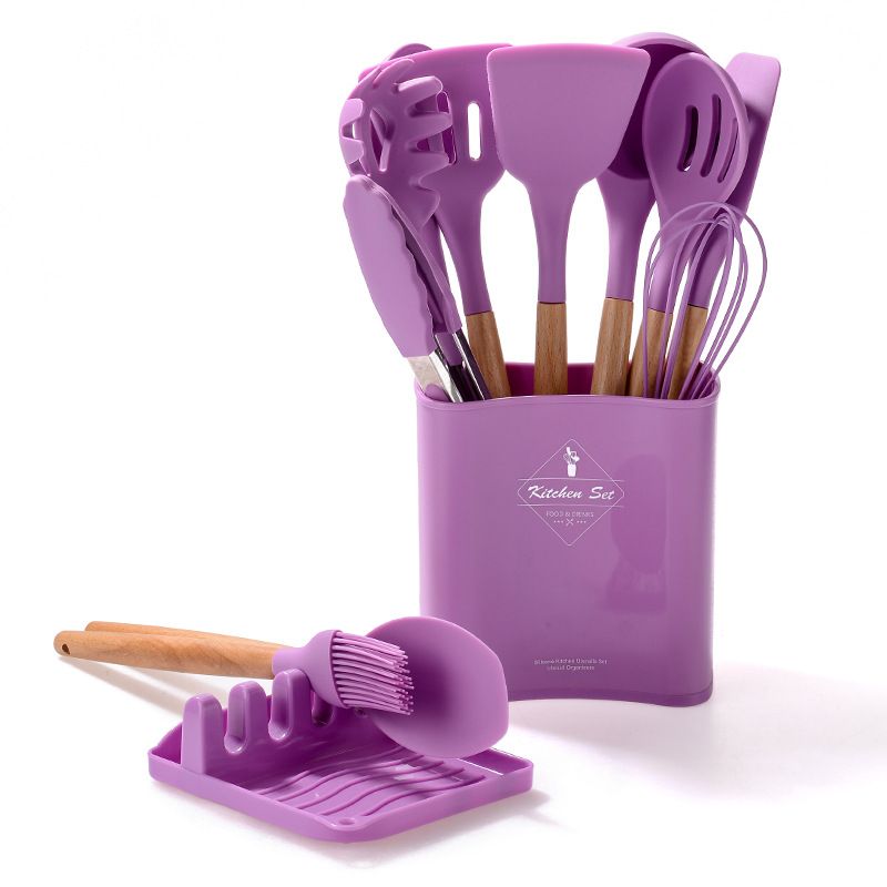 Silicone Non-Stick Kitchen Cooking Utensil Set With Holder - Purple ...