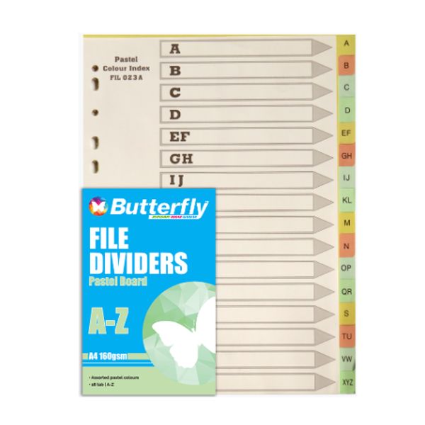 Butterfly Board File Dividers - A4 160gsm Pastel - 16 Tab (A-z) x 50 ...