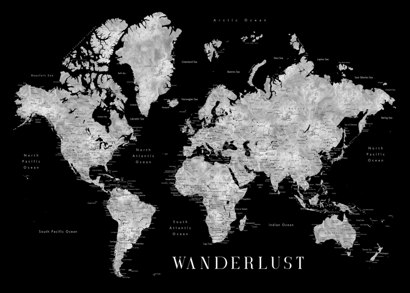 Wall Art Canvas - Wanderlust World Map with Cities - Black and White ...