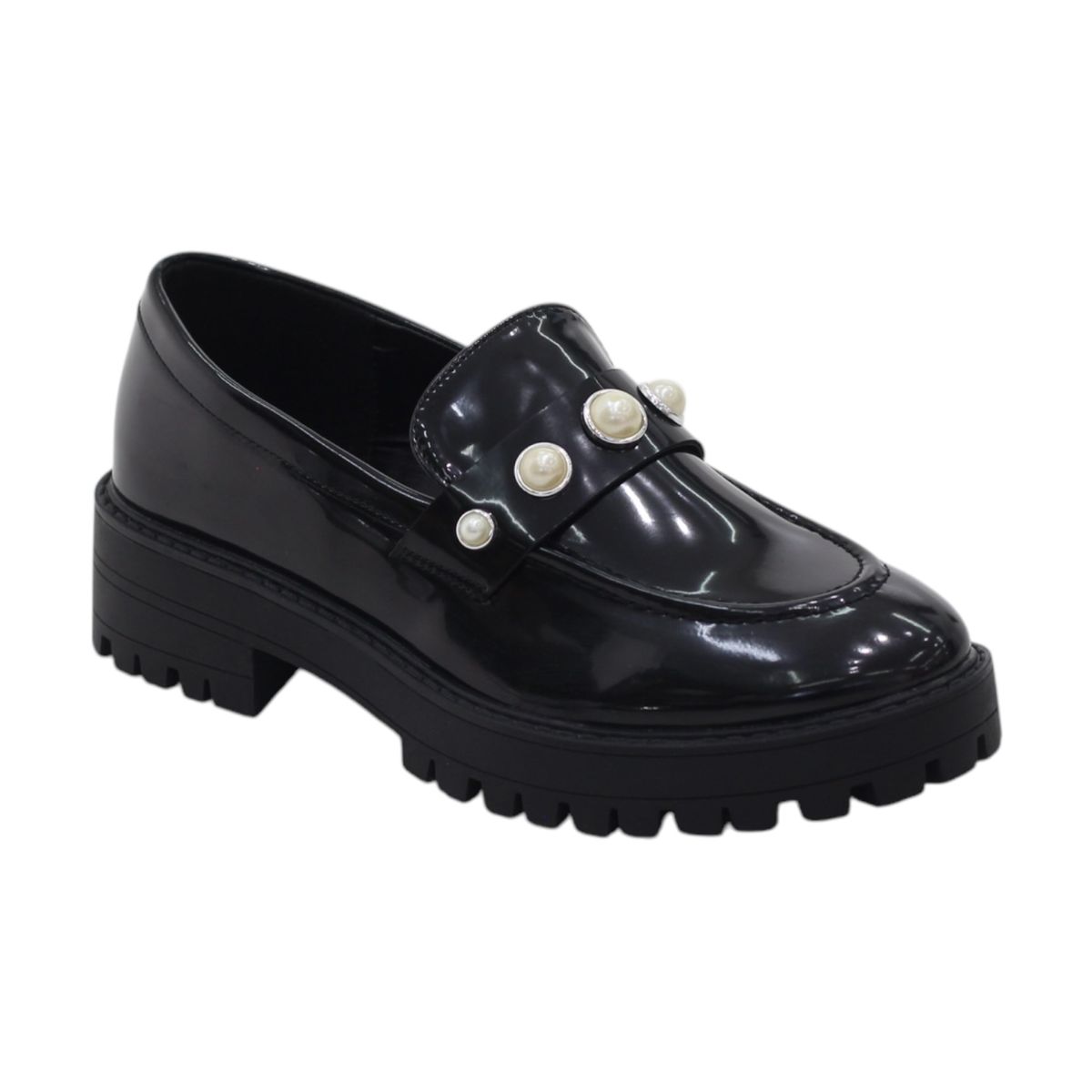 LaMara Paris Lofa faux leather loafers crispy with pearls detail black ...